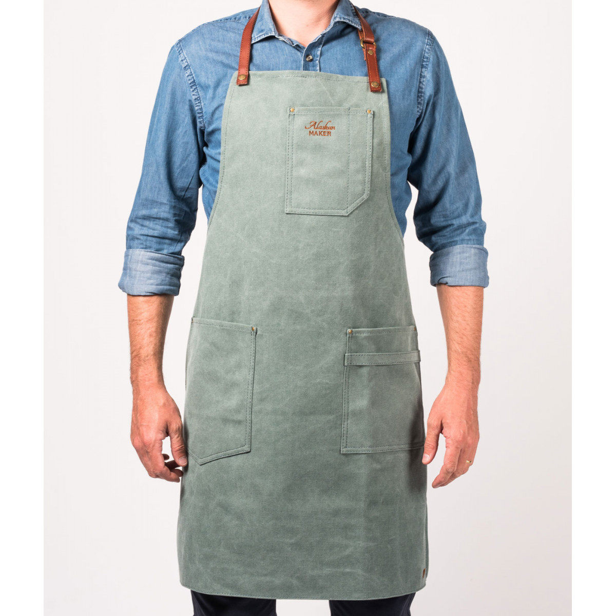 Tablier de cuisine en toile denim bleu, Lanières Cuir - Alaskan Maker